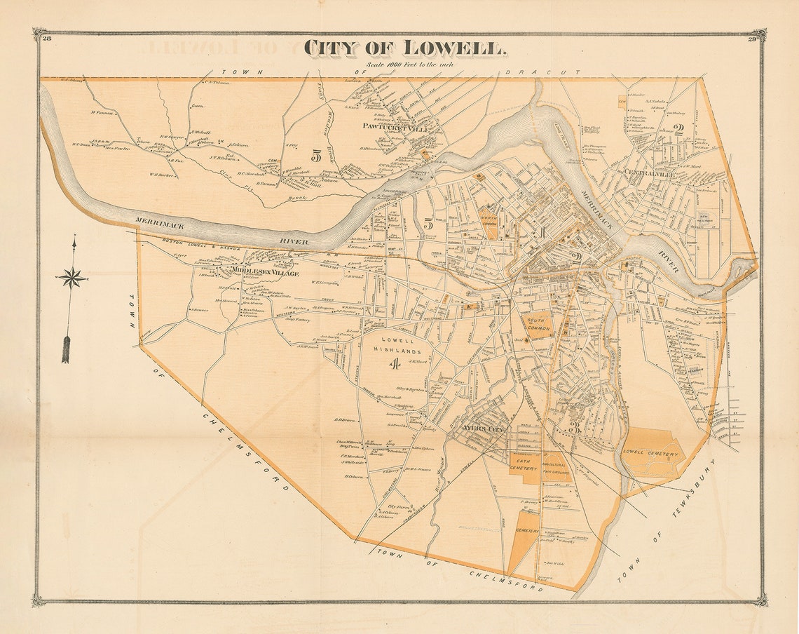 City of LOWELL Massachusetts 1875 Map Replica or Genuine - Etsy