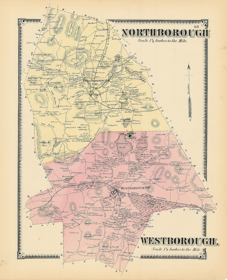 Towns of NORTHBOROUGH and WESTBOROUGH Massachusetts 1870 Map | Etsy