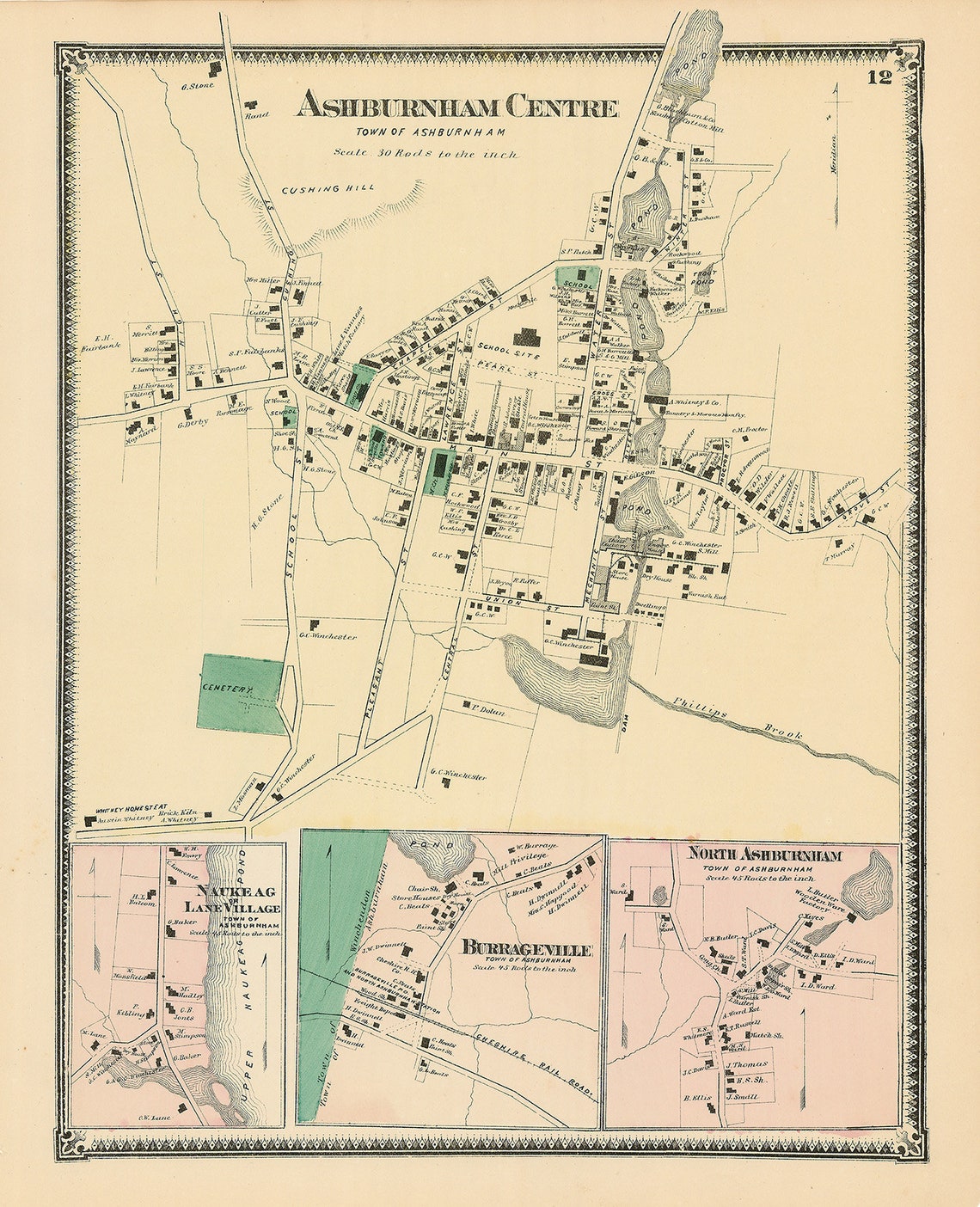 Village of ASHBURNHAM Massachusetts 1870 Map | Etsy