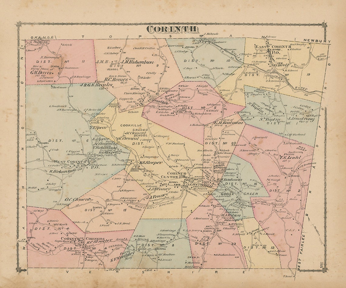 CORINTH Vermont 1877 Map Replica or Genuine ORIGINAL | Etsy