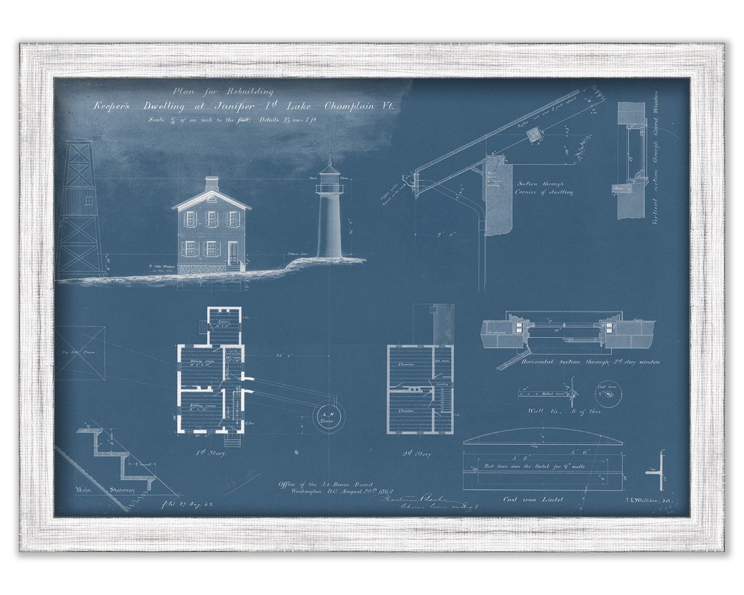 JUNIPER ISLAND LIGHTHOUSE, Lake Champlain, Vermont - Blueprint Drawing ...