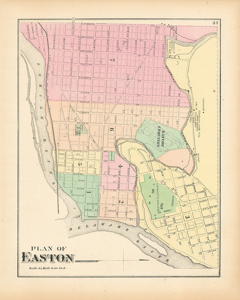 EASTON Pennsylvania 1872 Map Replica or Genuine Original | Etsy