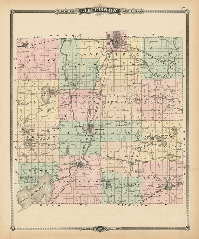 JEFFERSON COUNTY, Wisconsin 1878 Map, Replica or Genuine Original - Etsy