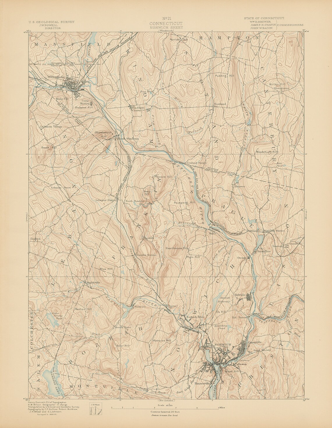 NORWICH WINDHAM and BOZRAH Connecticut 1893 Topographic Map | Etsy