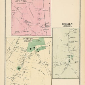 Villages of LINCOLN and SUDBURY, Massachusetts 1875 Map - Replica or ...