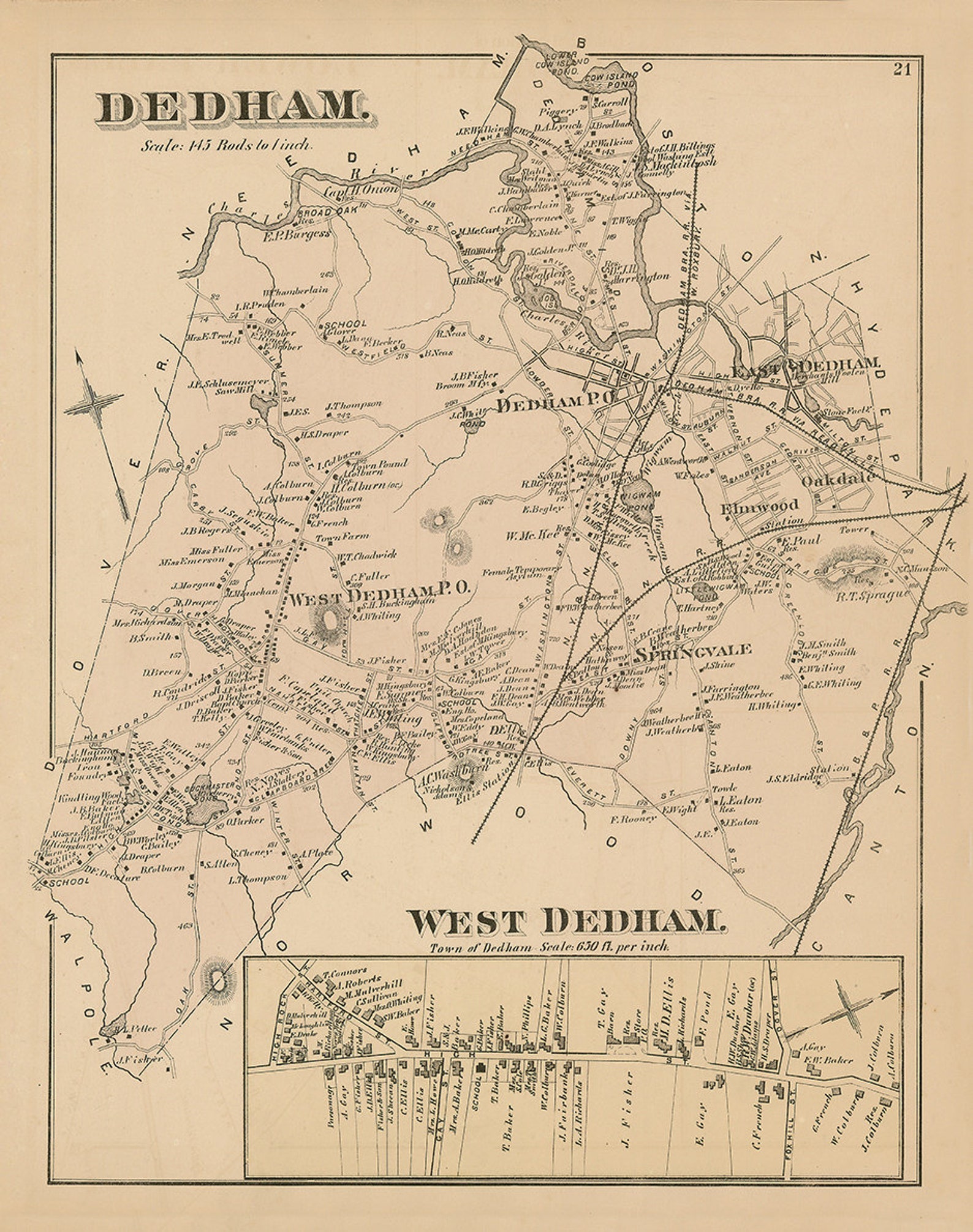 Town of DEDHAM Massachusetts 1876 Map Replica or GENUINE - Etsy