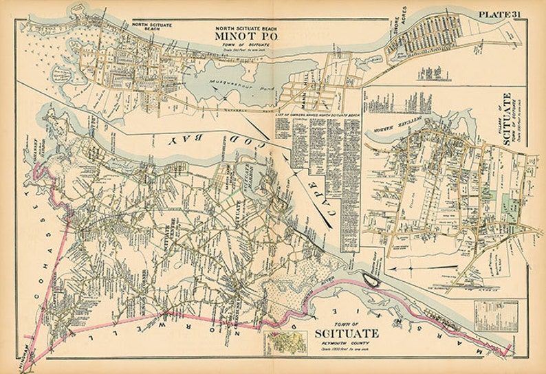 SCITUATE Massachusetts Town & Villages 1903 Map Colored | Etsy