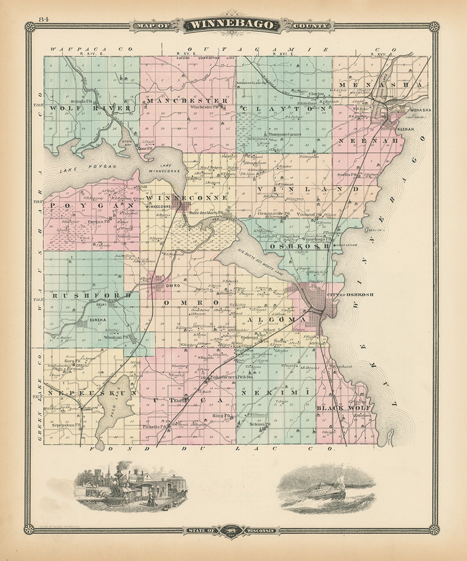 WINNEBAGO COUNTY Wisconsin 1878 Map Replica or Genuine - Etsy