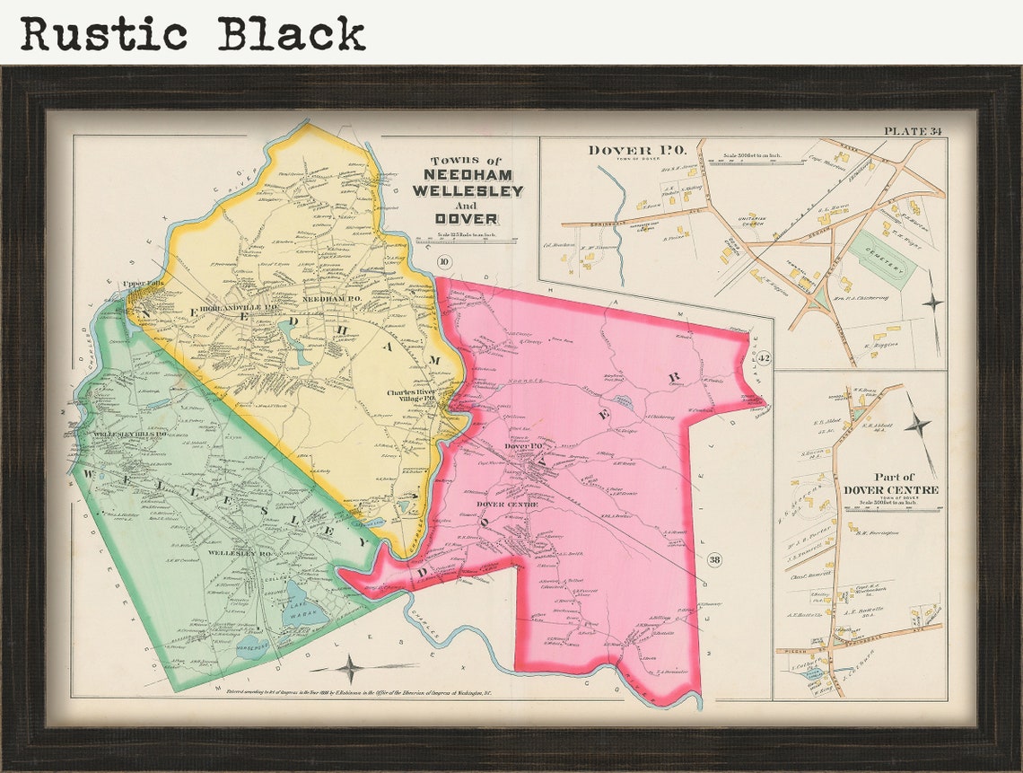 Towns of WELLESLEY NEEDHAM and DOVER Massachusetts 1888 Map | Etsy