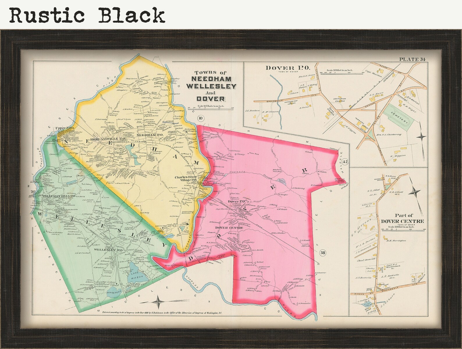 Towns of WELLESLEY NEEDHAM and DOVER Massachusetts 1888 Map | Etsy