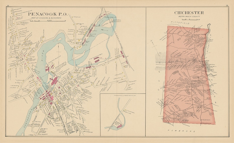 PENACOOK and CHICHESTER New Hampshire 1892 Map - Etsy