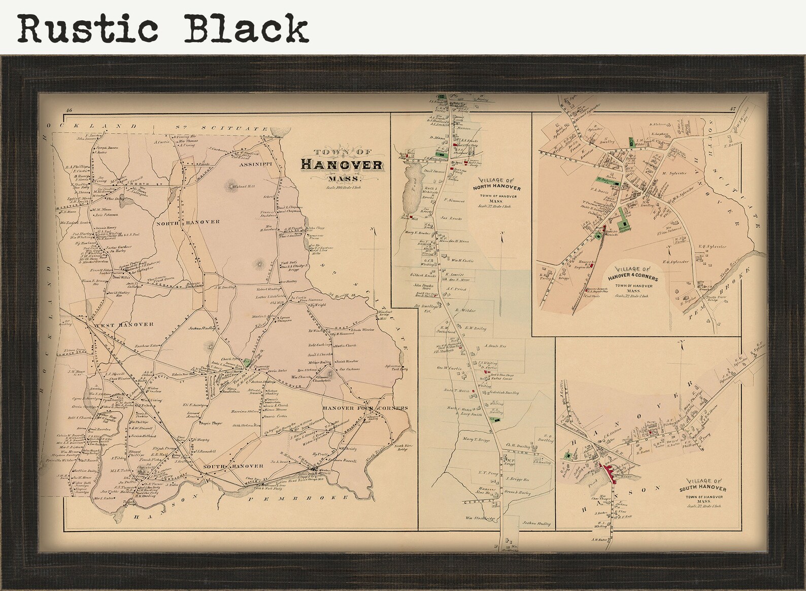 Town of HANOVER and VILLAGES Massachusetts 1879 Map Replica | Etsy