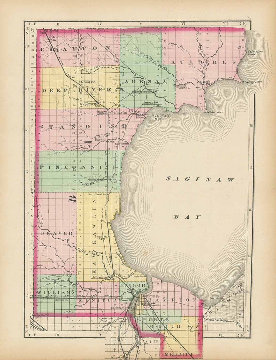 BAY COUNTY Michigan 1873 Map Replica or Genuine Original | Etsy