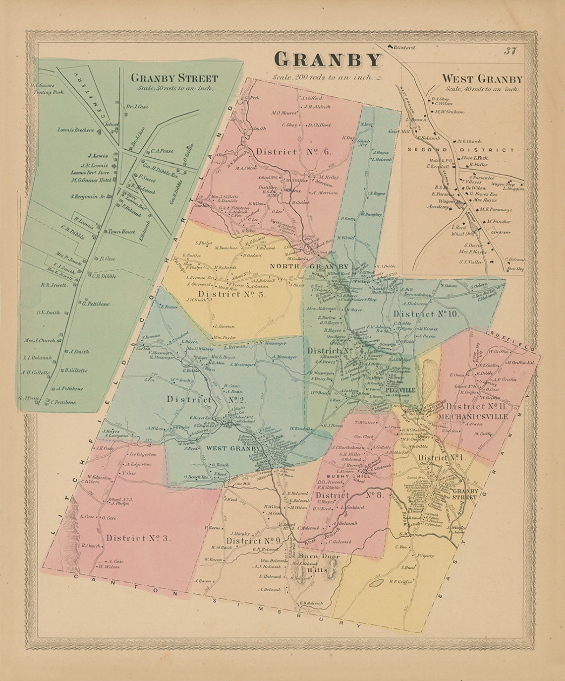 GRANBY Connecticut 1869 Map Replica or GENUINE ORIGINAL | Etsy