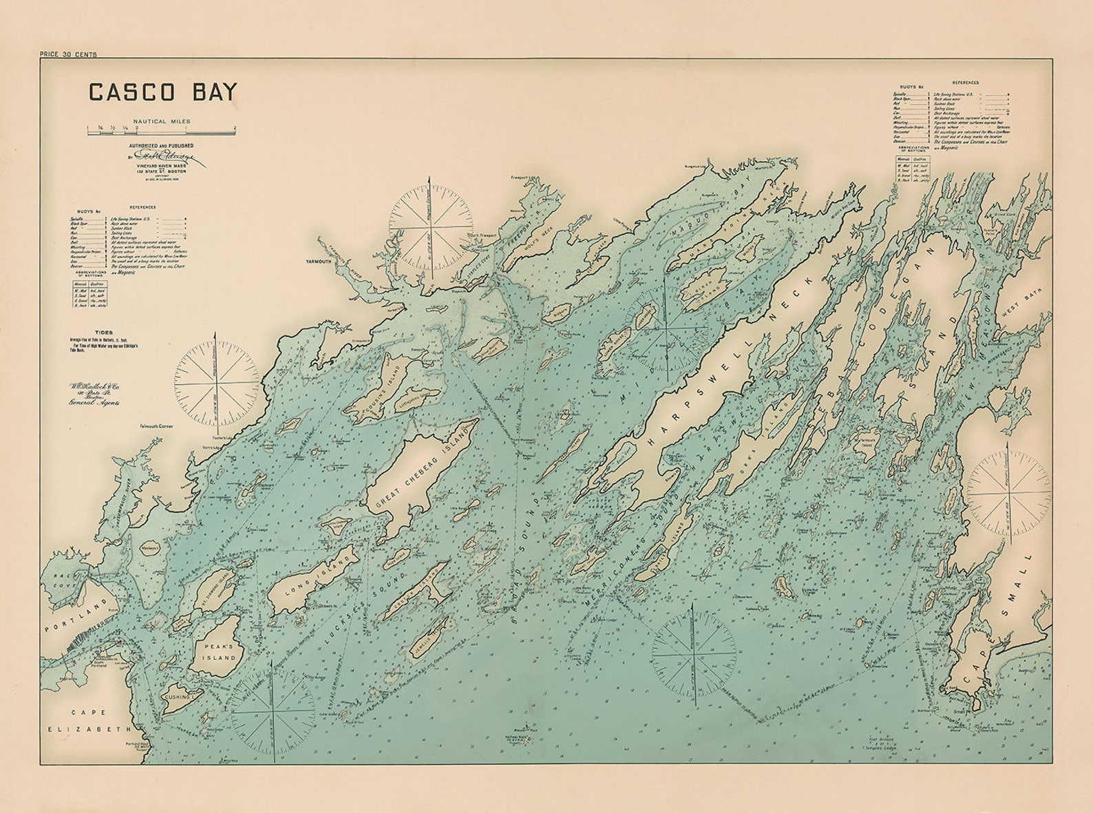 CASCO BAY Maine 1909 Colored Nautical Chart by Geo. Eldridge - Etsy