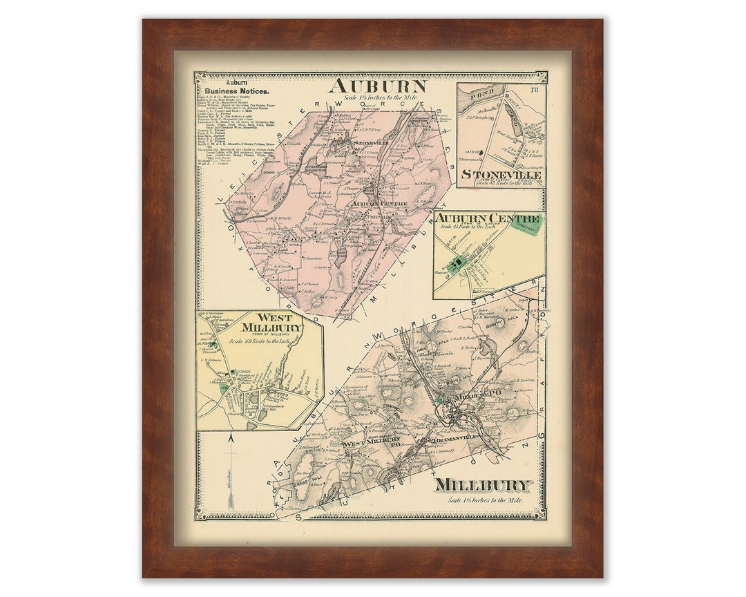 Towns of AUBURN and MILLBURY, Massachusetts 1870 Map - Etsy