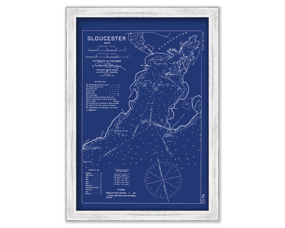 GLOUCESTER HARBOR, Massachusetts - 1909 Nautical Chart Blueprint by ...