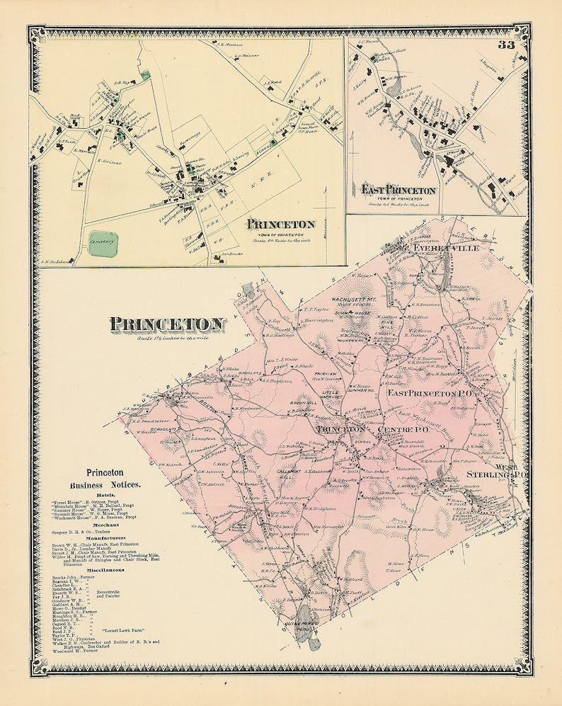 Town of PRINCETON Massachusetts 1870 Map - Etsy