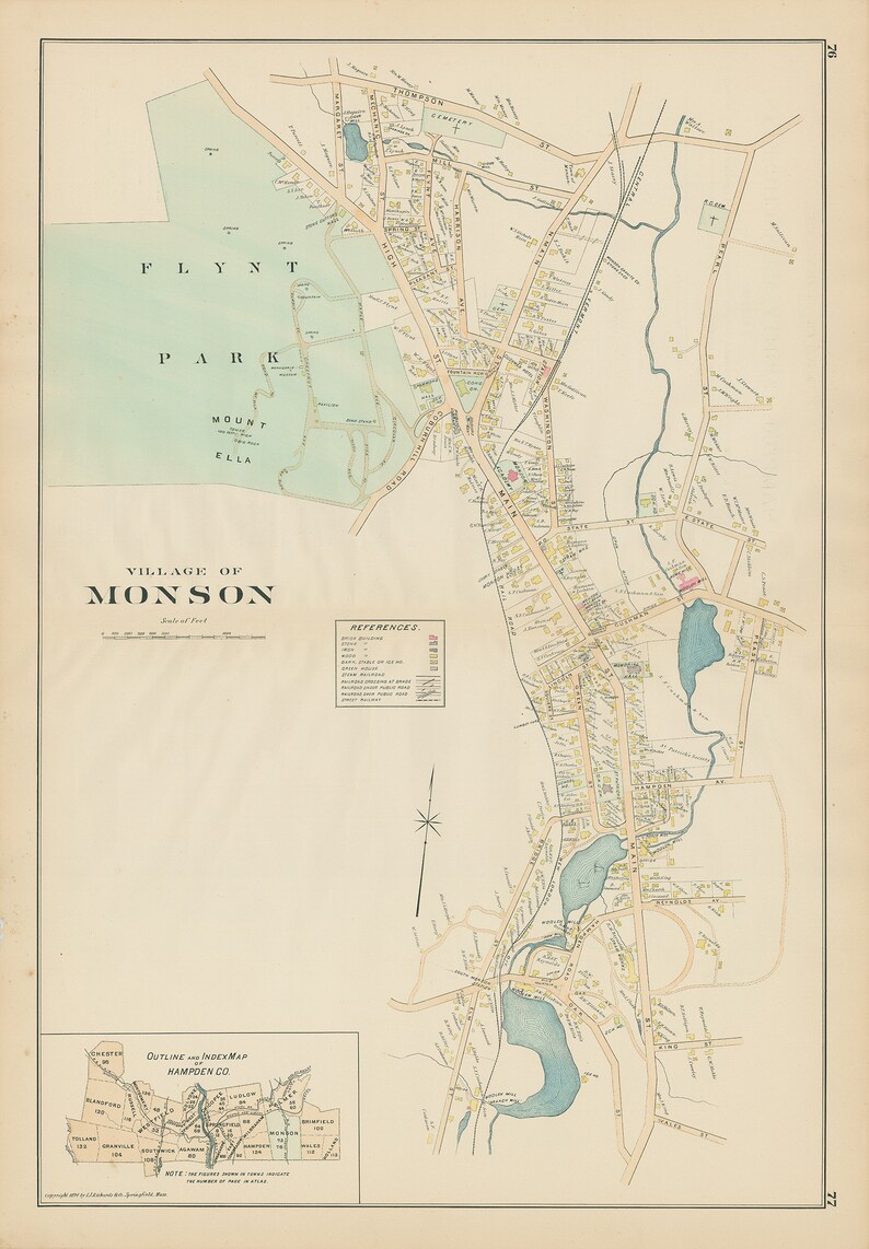 MONSON VILLAGE, Massachusetts 1894 Map - Replica or Genuine ORIGINAL - Etsy
