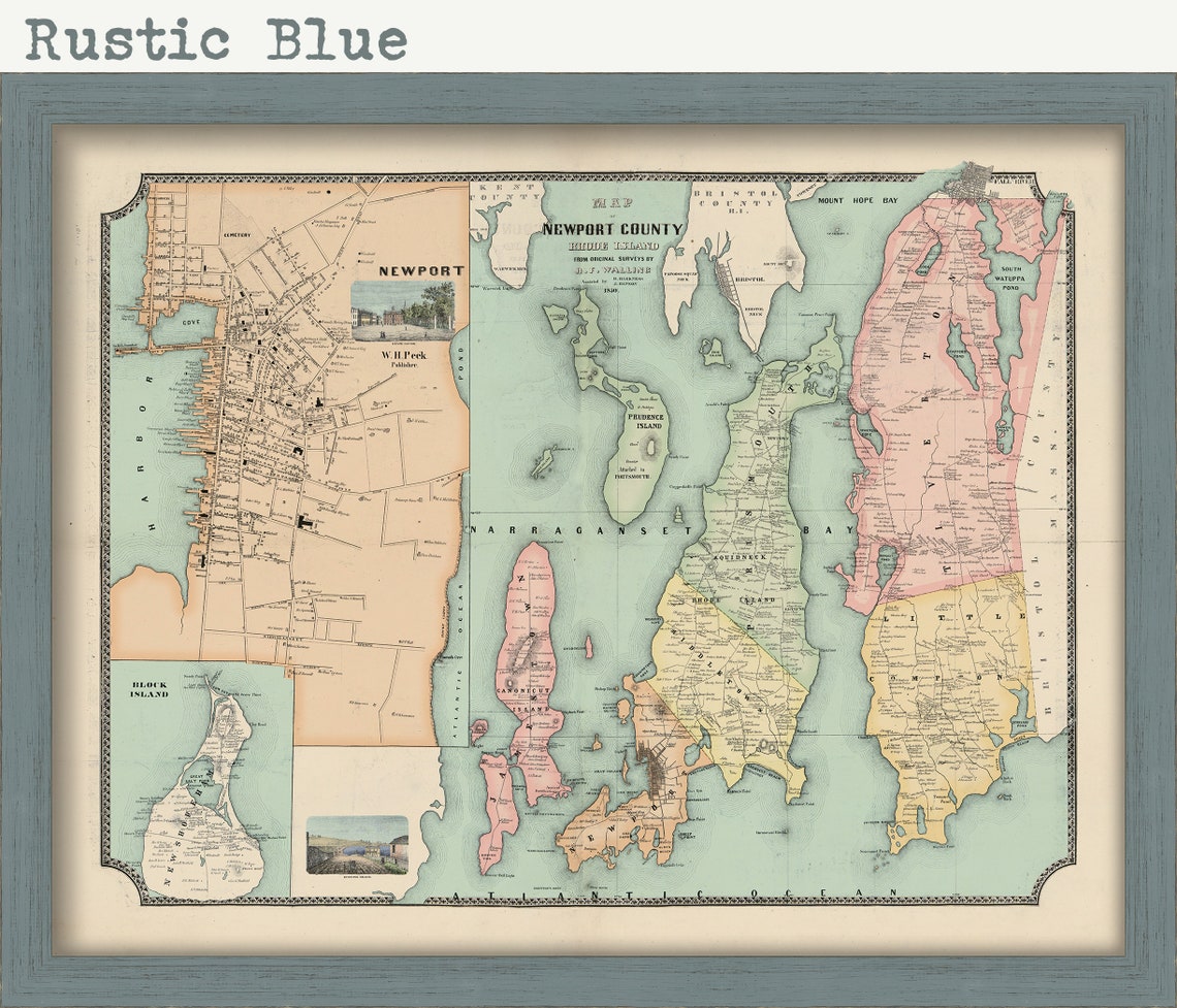 Map of Newport County, Rhode Island, H.F. Walling 1850 - Colored ...