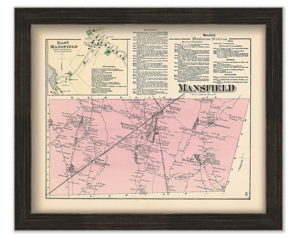 MANSFIELD Massachusetts 1871 Map Replica or Genuine | Etsy