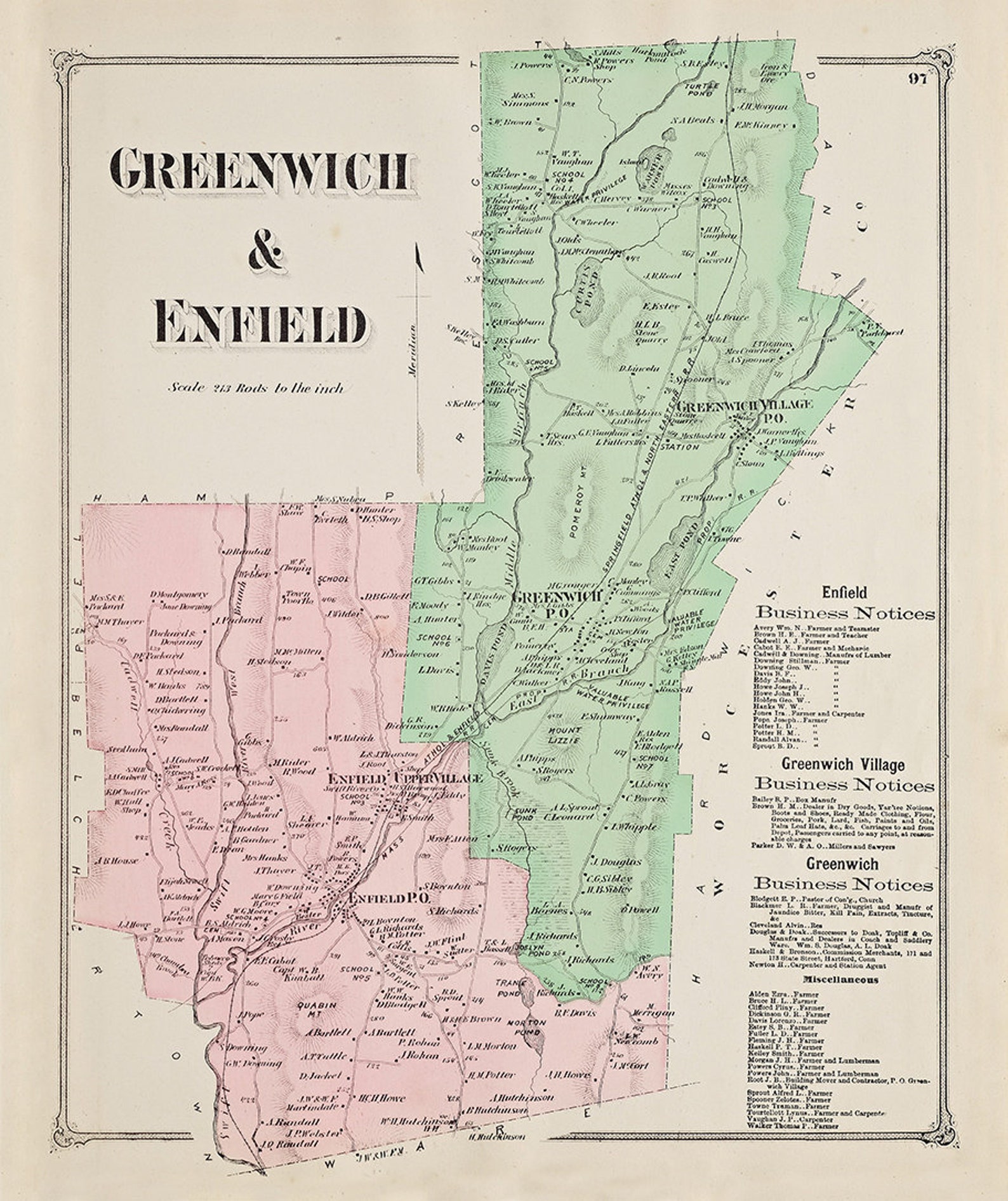Towns of GREENWICH and ENFIELD Massachusetts 1873 Map | Etsy