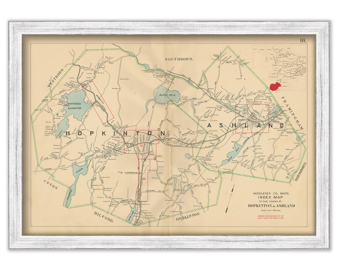 HOPKINTON and ASHLAND, Massachusetts 1908 Map - Replica or GENUINE ...