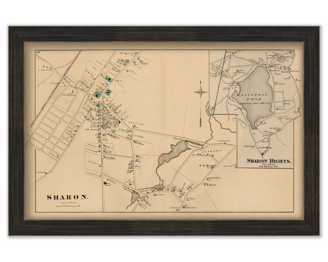 Village of SHARON, Massachusetts 1876 Map - Replica or GENUINE ORIGINAL ...
