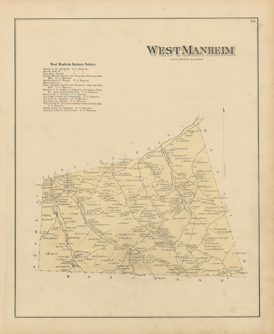 WEST MANHEIM Pennsylvania 1876 Map Replica or Genuine | Etsy