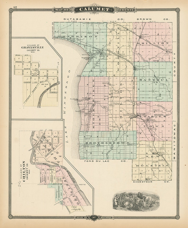CALUMET COUNTY Wisconsin 1878 Map Replica or Genuine | Etsy