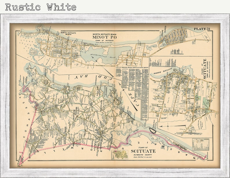 SCITUATE, Massachusetts Town & Villages 1903 Map Colored Reproduction ...