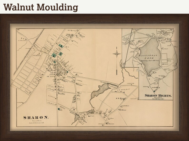 Village of SHARON, Massachusetts 1876 Map - Replica or GENUINE ORIGINAL ...