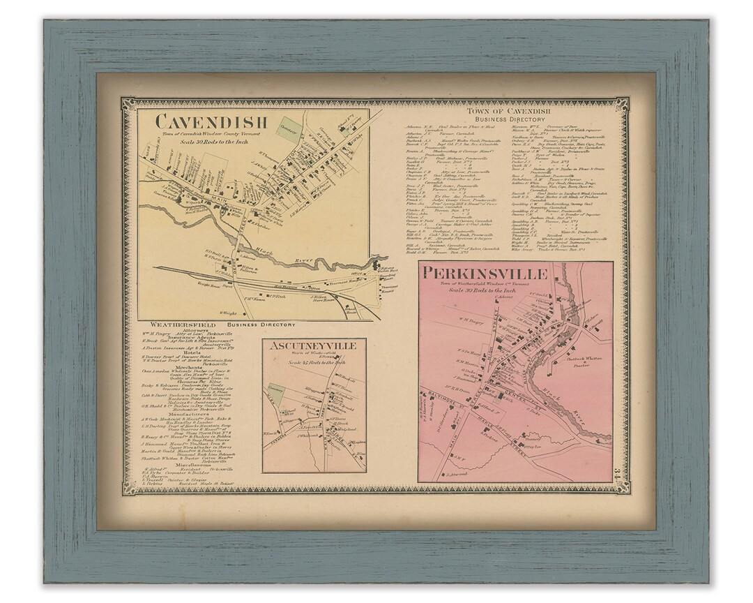 CAVENDISH and WEATHERSFIELD, Windsor County, Vermont 1869 Map - Replica ...