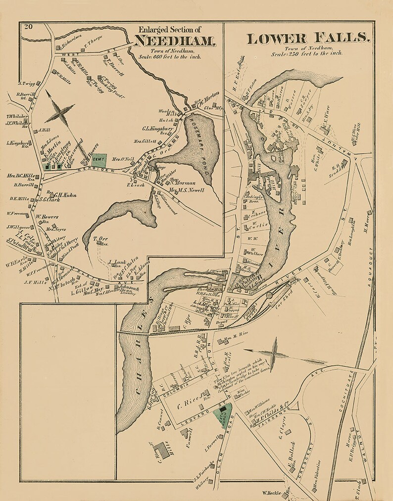 Village of Needham Lower Falls Massachusetts 1876 Map - Etsy