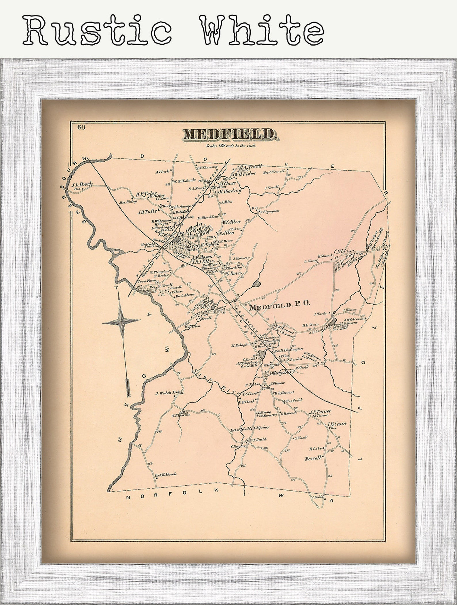 Town of MEDFIELD, Massachusetts 1876 Map - Replica or GENUINE ORIGINAL ...