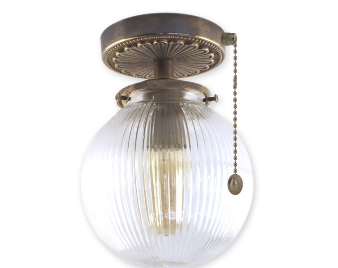 Cast Brass Pull Chain Ceiling Light: Ribbed Glass Globe, Vintage Style ...
