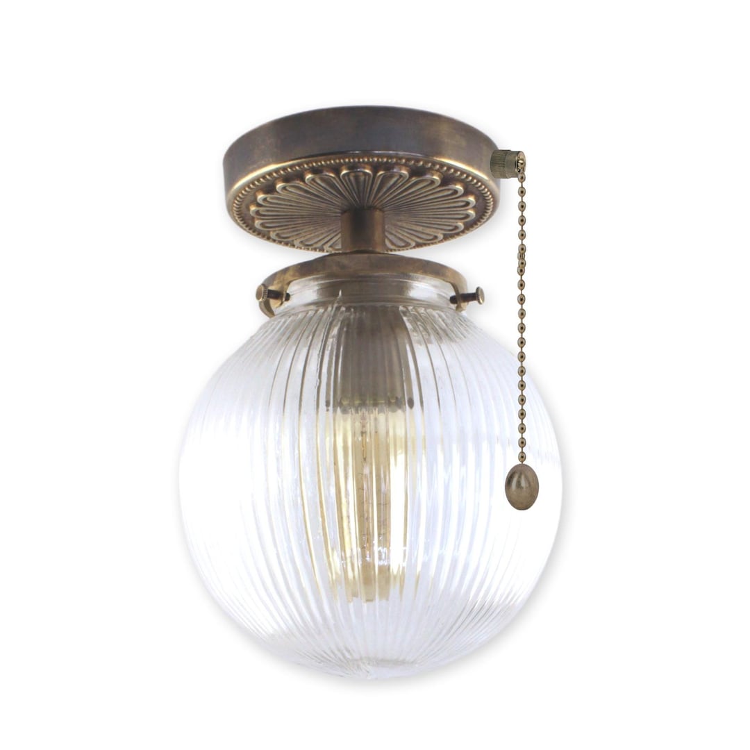 Pull Chain Ceiling Light Fixture With Ribbed Glass Globe - Solid Cast ...