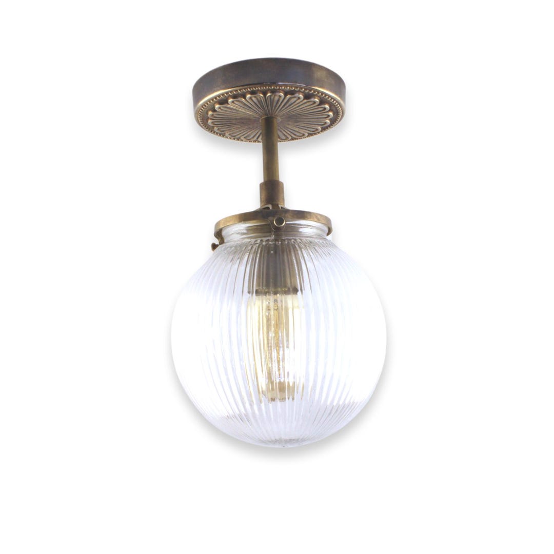 Solid Brass Semi Flush Mount Ceiling Lamp Reeded Glass Globe Italian 1612