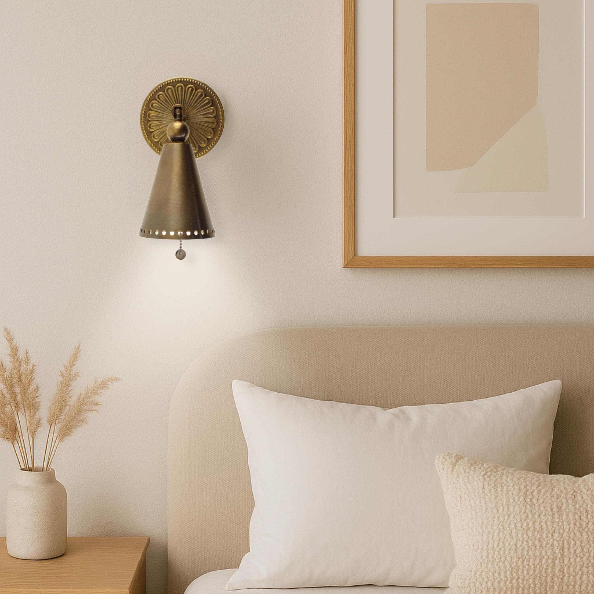 Brass Cone Spotlight Wall Sconce: Pull Chain Bedside Reading Light - Etsy