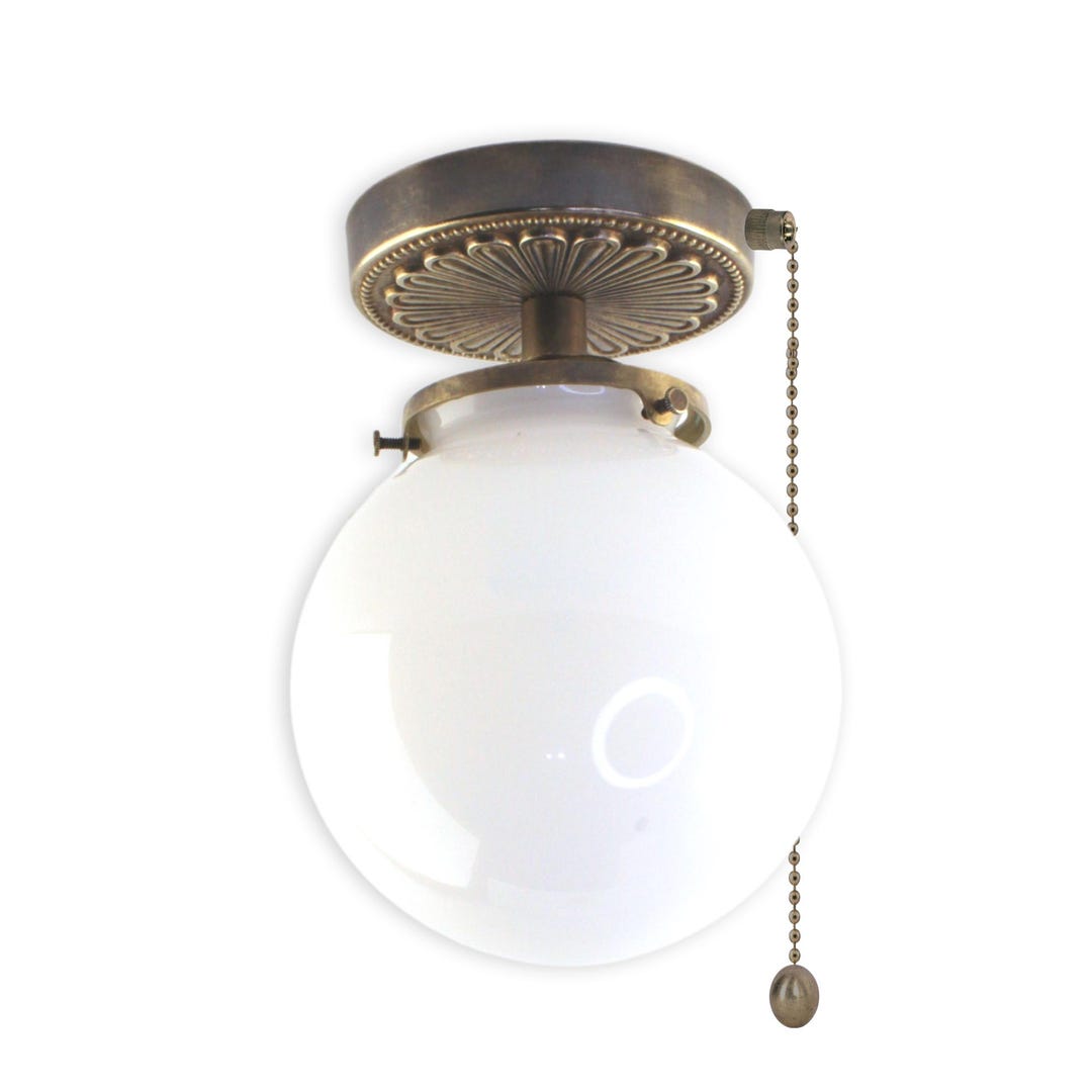 Pull Chain Ceiling Light Fixture With Milk Glass Globe - Solid Cast ...