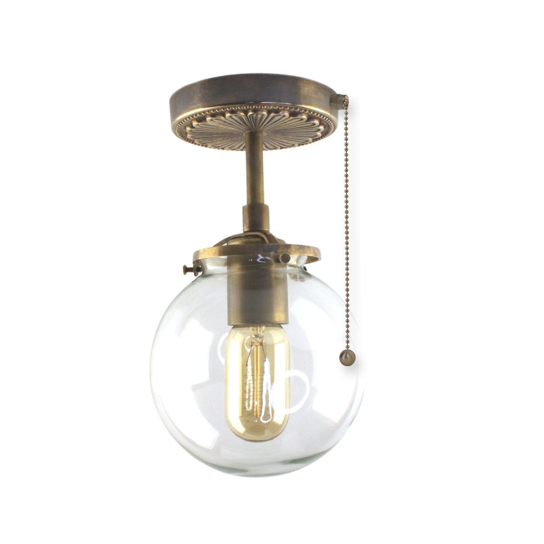 Cast Brass Ceiling Light Fixture: Clear Glass Globe, Vintage Italian ...
