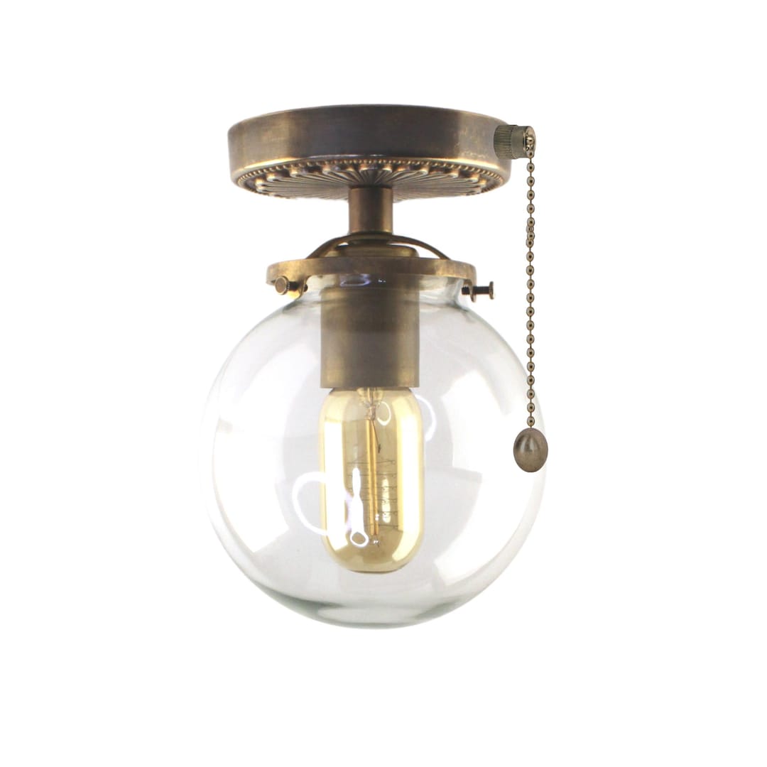 Cast Brass Pull Chain Ceiling Light: Clear Glass Globe, Vintage Style ...