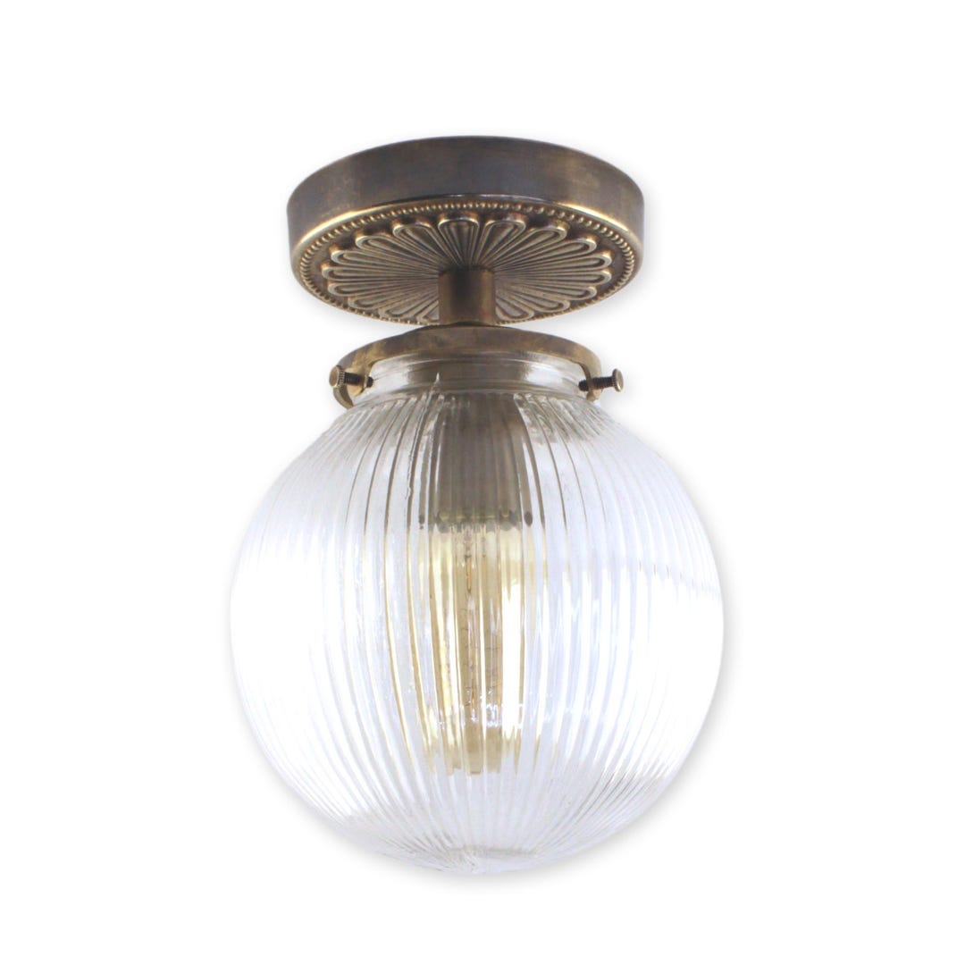 Ribbed Glass Light Fixture - Solid Cast Brass Semi Flush Mount Ceiling ...