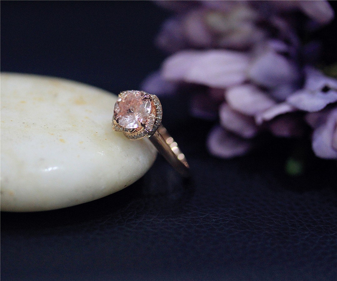 Unique Wedding Ring Rose Shaped Round Natural Pink Morganite Ring Solid ...