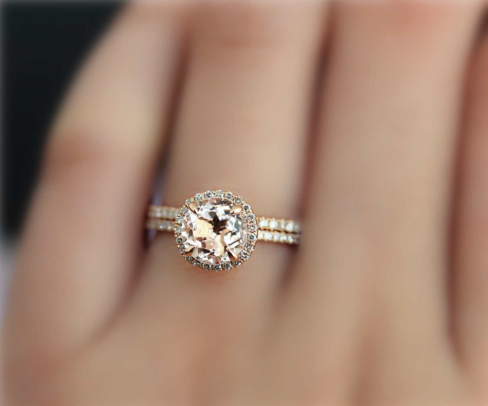 14K Rose Gold Engagement Ring Set Handmade 7mm Round Natural - Etsy