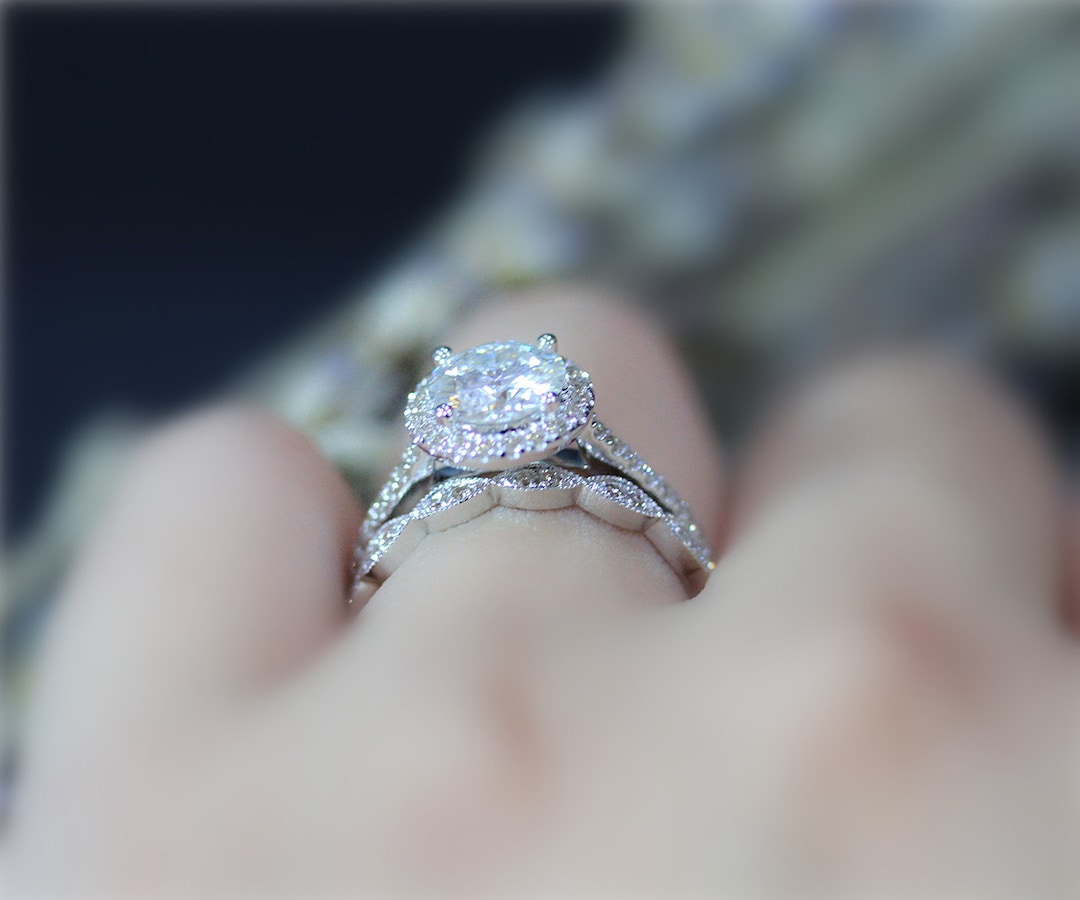 7mm Charles & Colvard Round Moissanite Ring Set Diamond Accent Solid ...