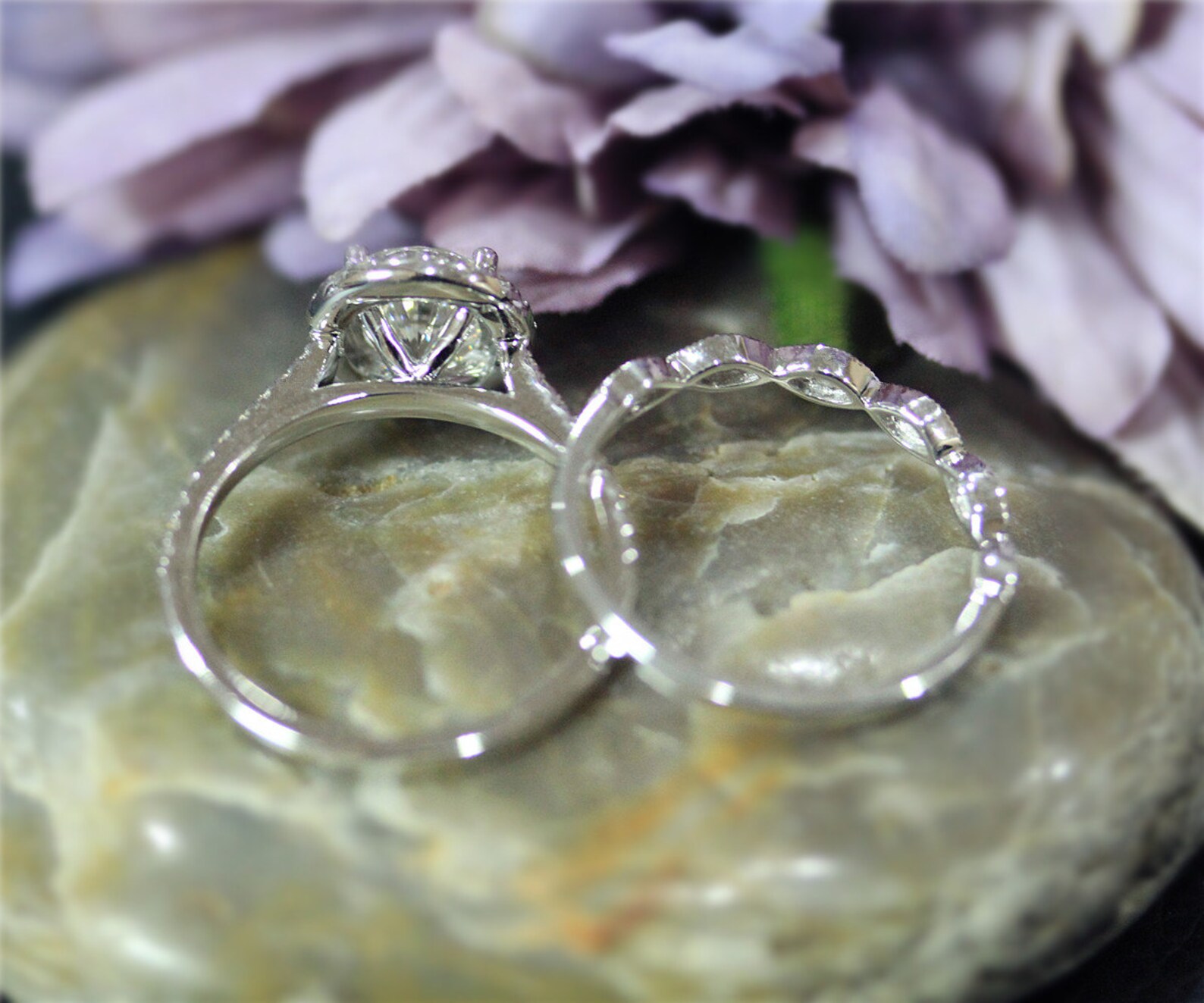 7mm Charles & Colvard Round Moissanite Ring Set Diamond Accent Solid ...
