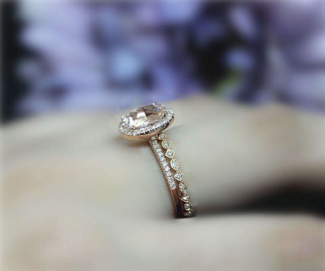 2 Rings Handmade Morganite Ring Set Engegement Ring Set 7x9mm - Etsy