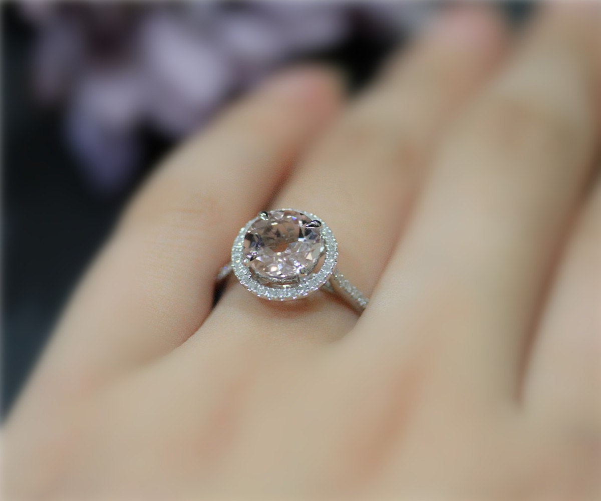 8mm Round Natural VS Pink Morganite Ring Solid 14K White Gold Ring ...