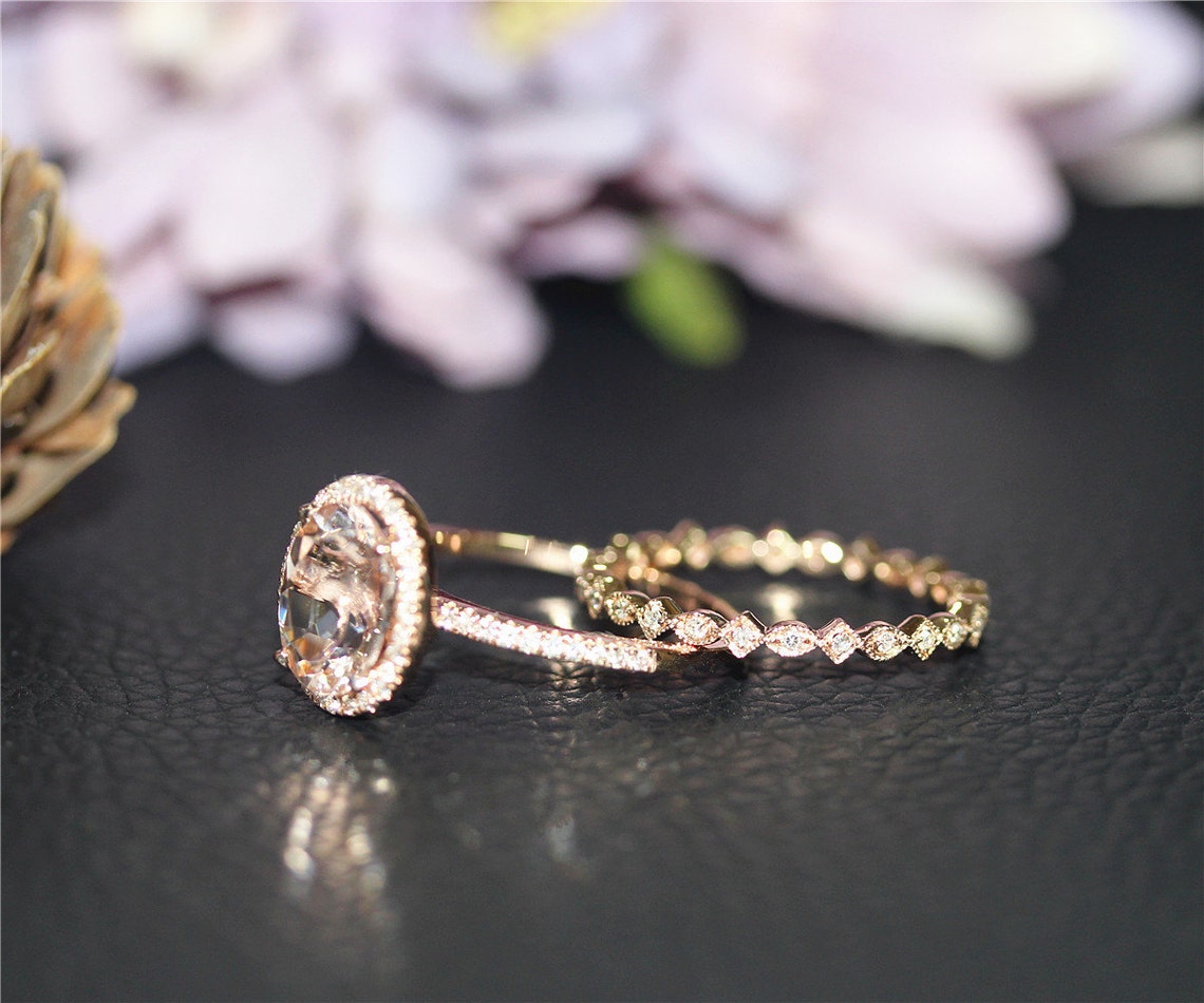 2 Rings Handmade Morganite Ring Set Engegement Ring Set 7x9mm | Etsy